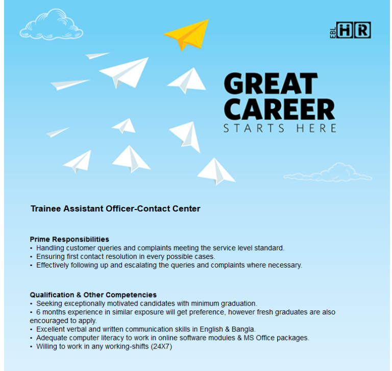 EBL Trainee Assistant Officer-(Contact Center) Job Circular 2024